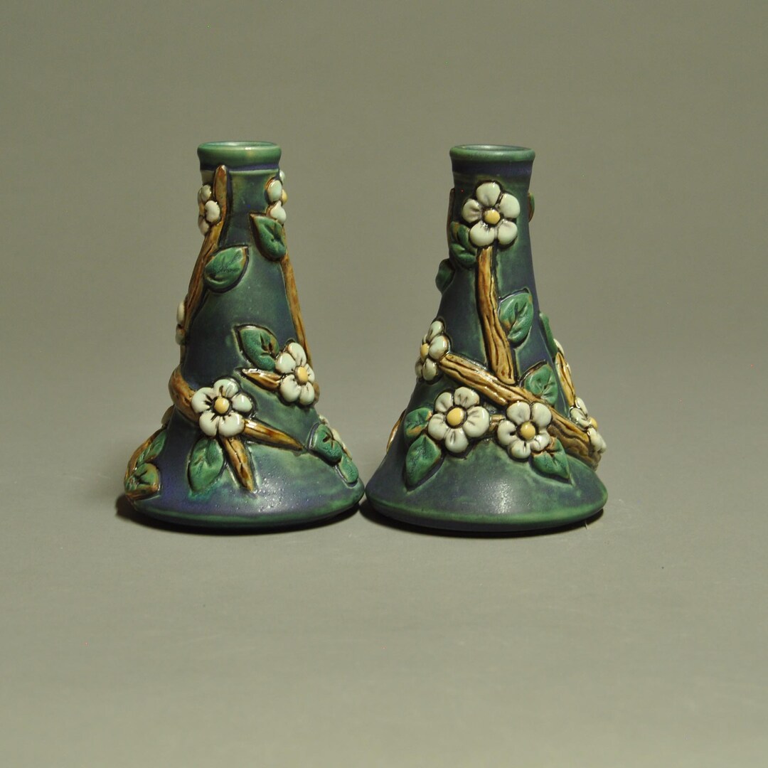 Candlesticks With Modeled Leaves and Fruit Blossoms-blue-green Matte ...