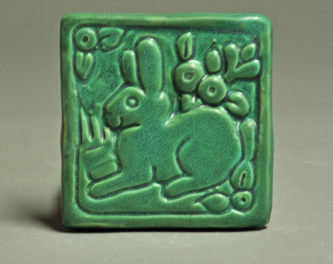 4x4 Tile in Vintage Green Matte-rabbit Motif-arts and Crafts Inspired ...