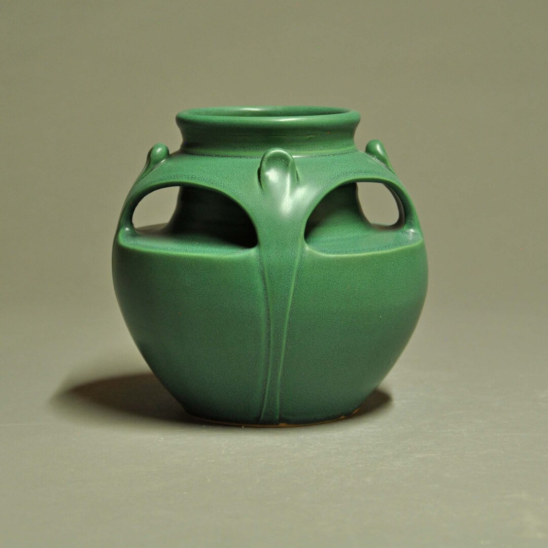 Round Vase With Pierced Shoulder in Vintage Green Matte Glaze-art Deco ...