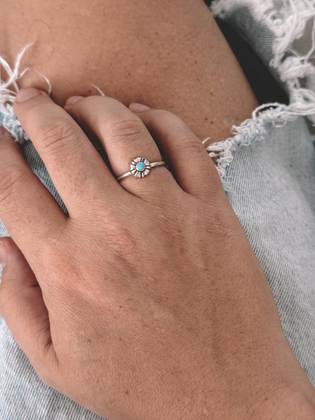 Small Flower and Turquoise Ring Stacker Silver - Etsy