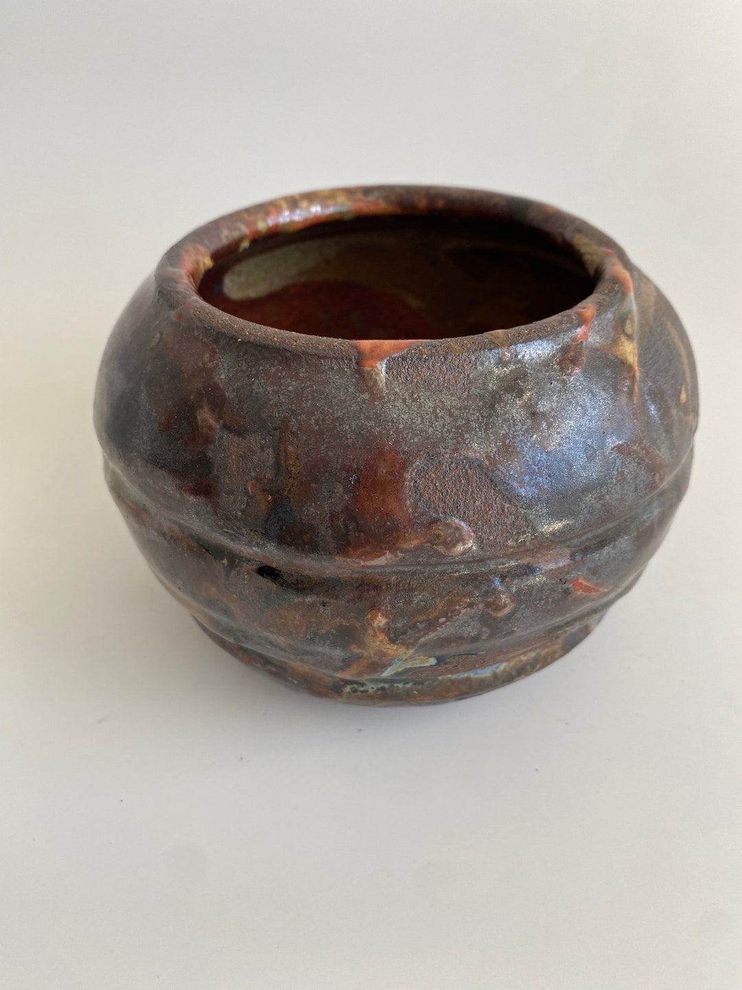1970s Hand Thrown Ceramic Bronze Copper Brown Glaze Pot Planter or ...