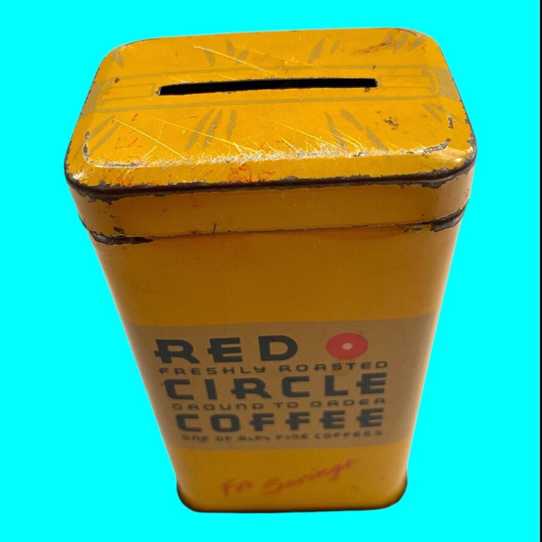 Vtg Tin Advertising Coin Bank Red Circle Coffee Yellow Tin 4" Tall A&P ...