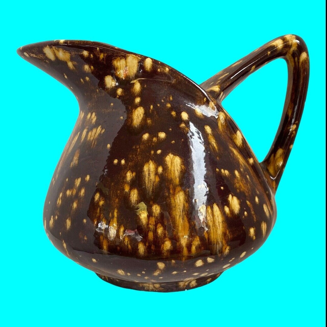 Vintage Splatterware Brown and Yellow Pottery Pitcher 7 Tall MCM Design ...
