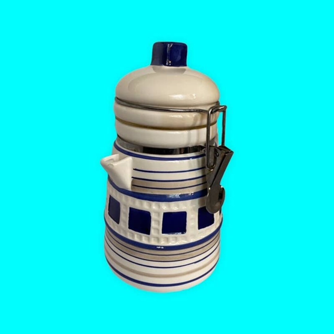 Lighthouse Canister Shaped Like a Teapot With Bale Blue and White as Is ...
