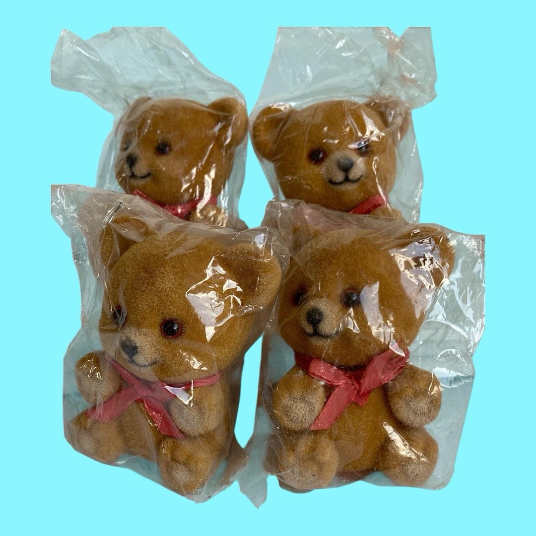 Vtg Brown Flocked Miniature Teddy Bears 3” Ornament HF Company Hong ...