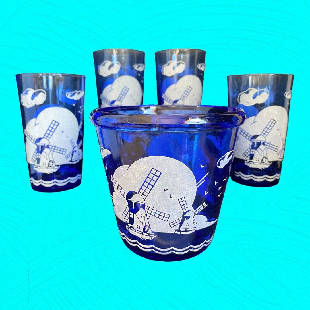 Vintage Hazel Atlas Cobalt Blue Windmill Drink Set Ice Bucket & 4 ...
