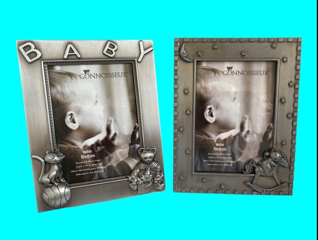 2 Baby Photo Frames by Connoisseur Metal 4x6” Teddy Bear Cat Rocking ...