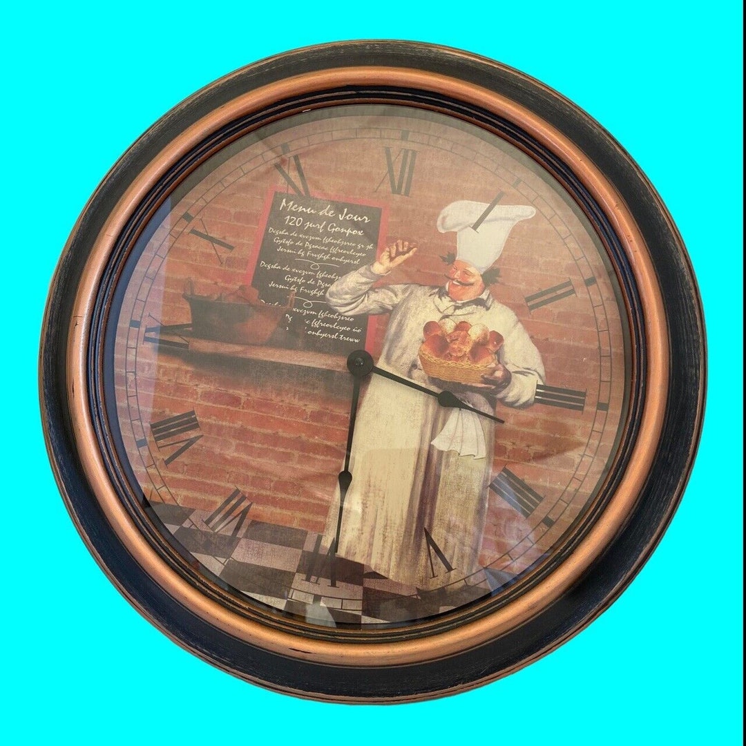 Vtg Chef Wall Clock 15” Holding Basket of Bread and Bon Appetit Plaque ...