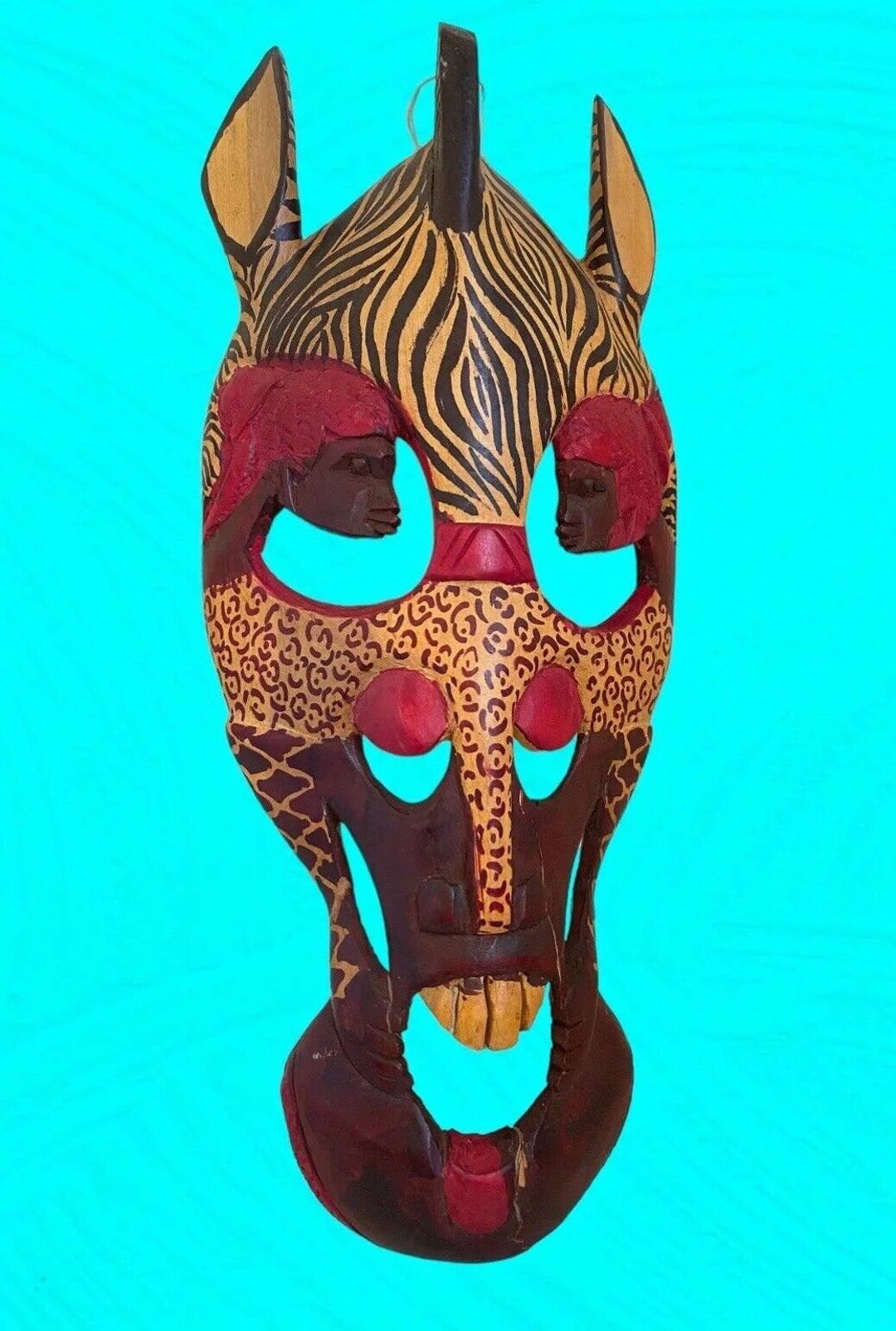 African Wooden Zebra Head Mask Hand Carved Painted Wall Hanging Art 15 ...