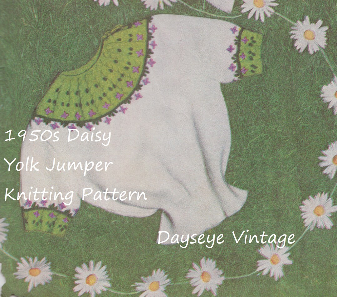 1950s Daisy Yolk Jumper Cable Stitch Embroidery Sweater Jersey Knitting ...