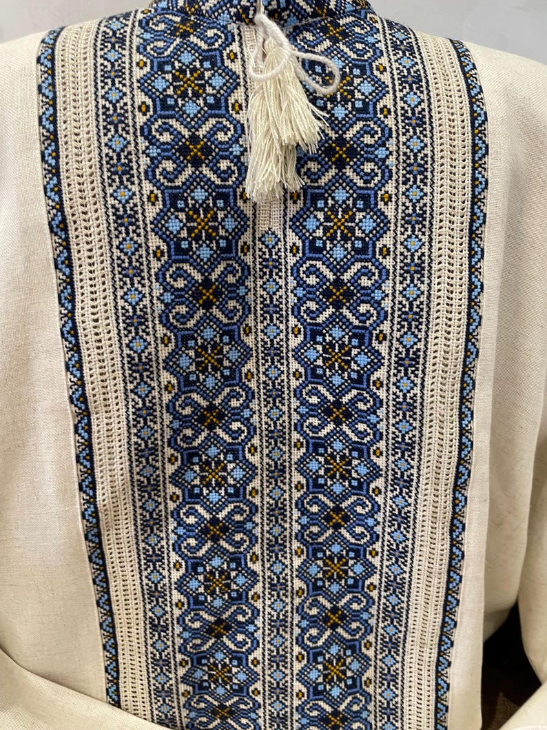 Custom Men’s Ukrainian Embroidered Shirt – Grey Linen With Blue Folk ...