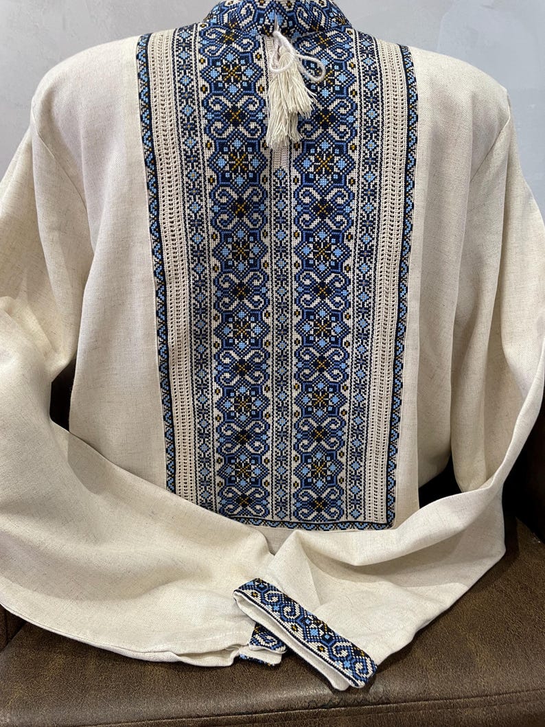 Custom Men’s Ukrainian Embroidered Shirt – Grey Linen With Blue Folk ...