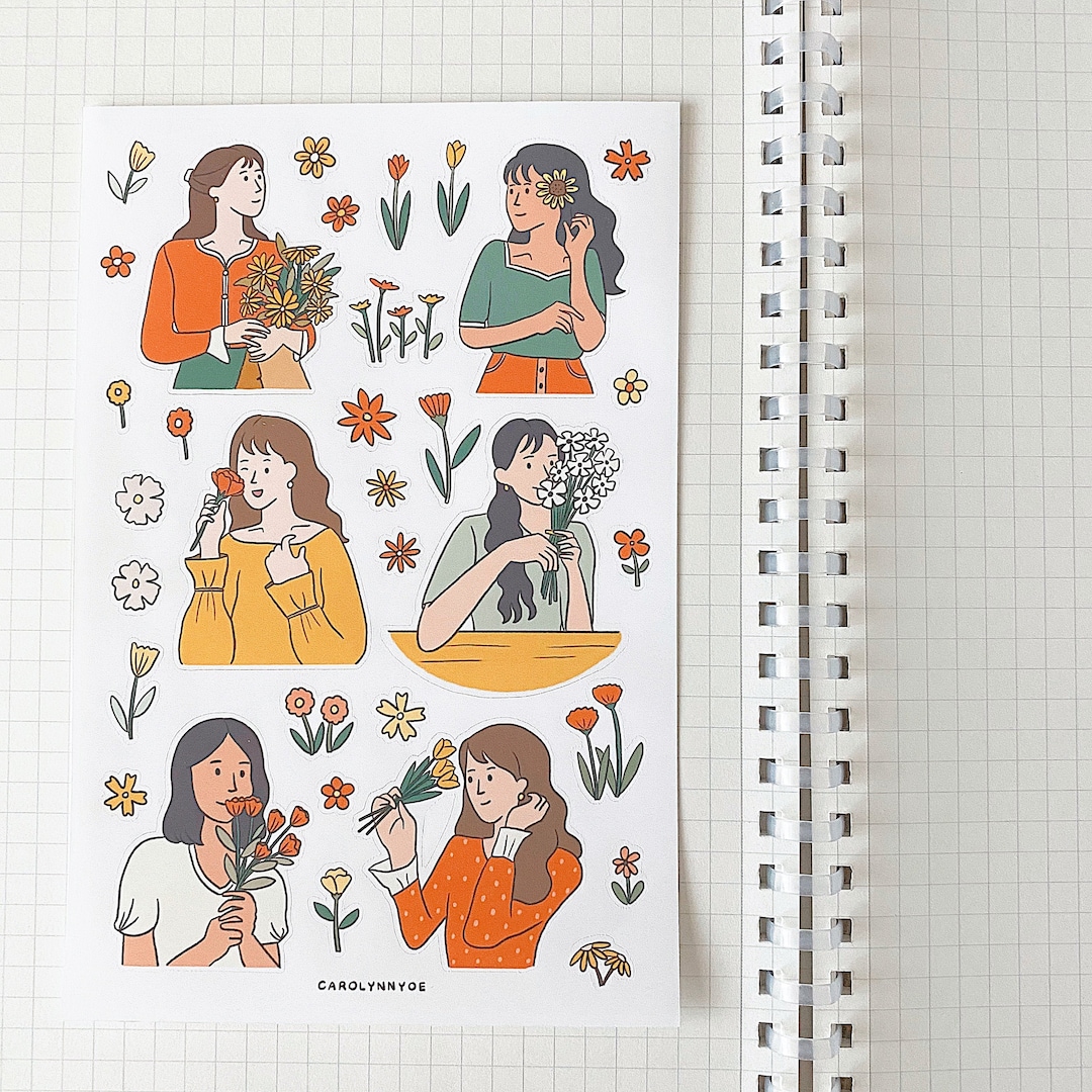 AUTUMN FLORAL GIRL Sticker Sheet // Aesthetic Autumn Flower Fashionable ...
