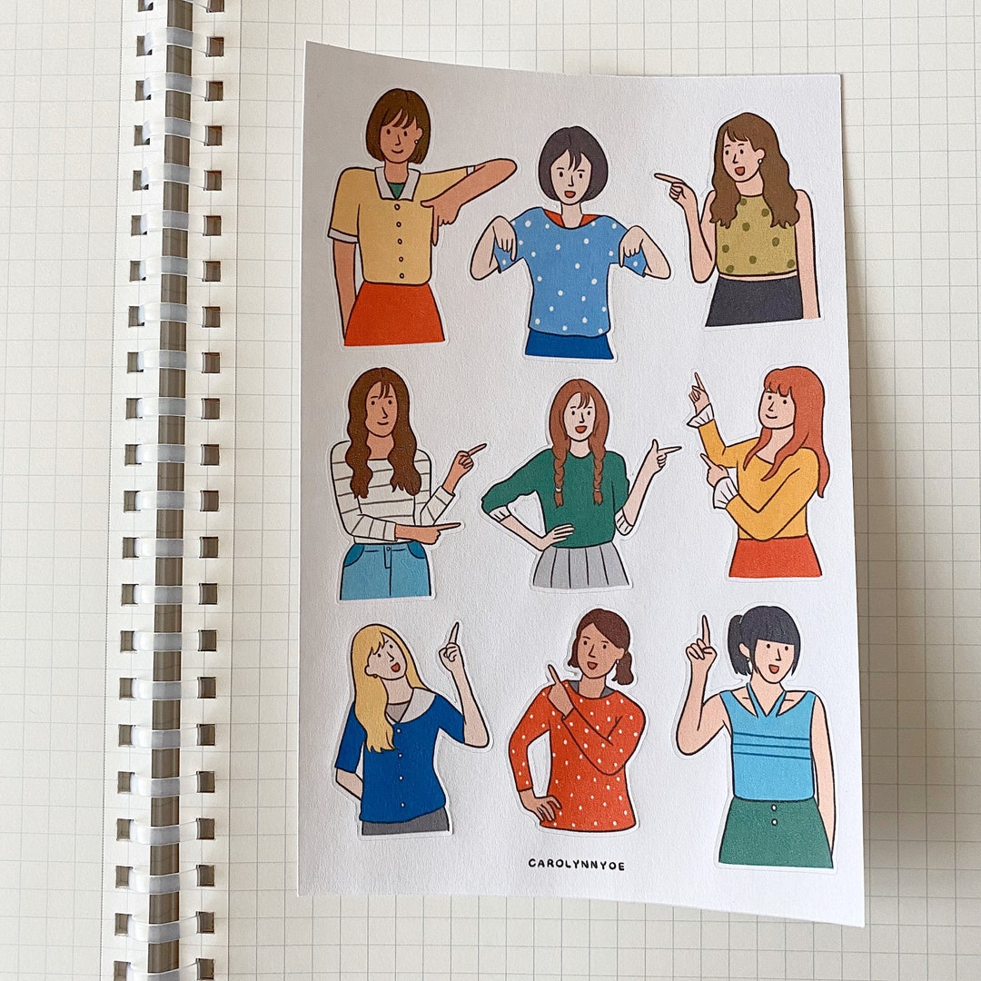 GIRLS POINTING Sticker Sheet // Aesthetic Cute Colourful Woman ...