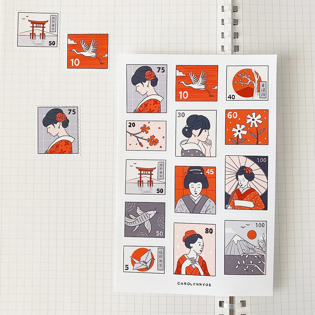 JAPAN STAMPS Sticker Sheet // Aesthetic Cute Travel Traditional ...