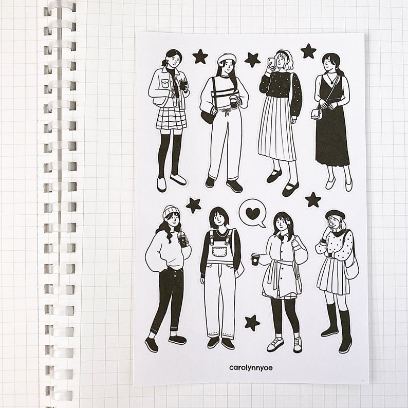 CUTE OUTFIT BW Sticker Sheet // Aesthetic Chic Fashionable Simple ...
