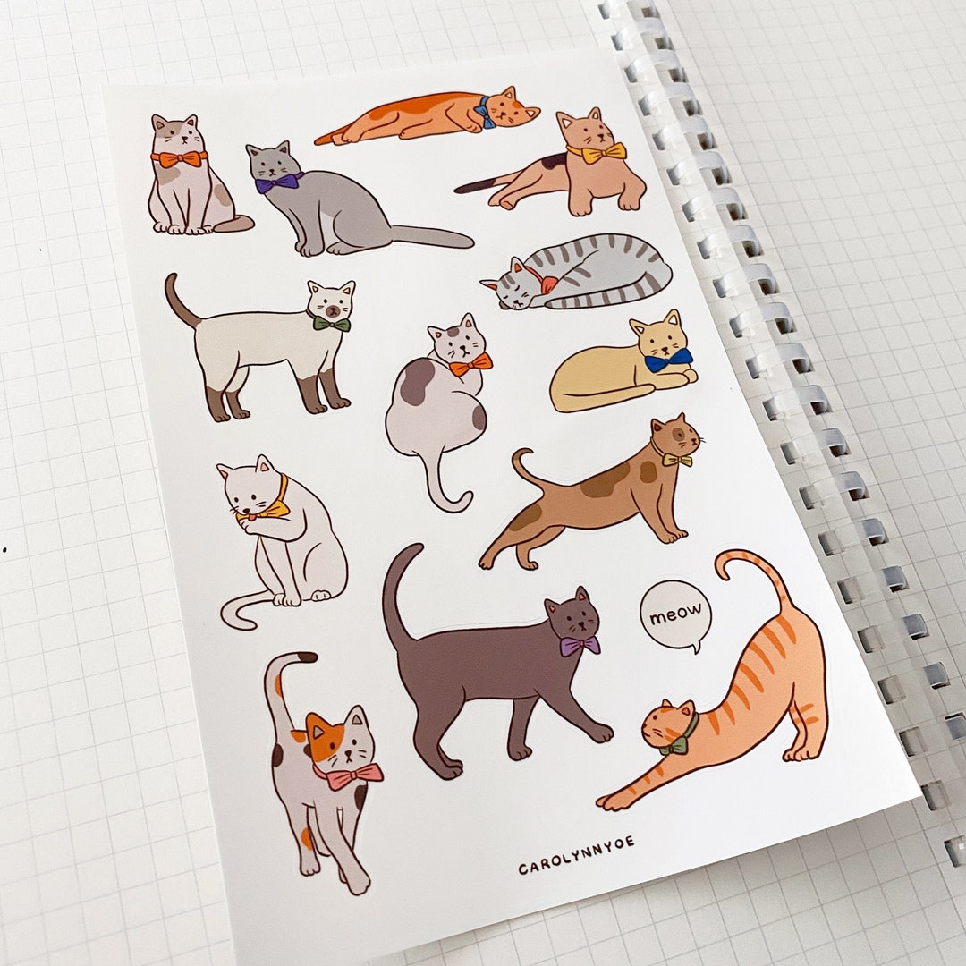 CUTE CATS Sticker Sheet // Aesthetic Handdrawn Quirky Cat Kitten Pose ...