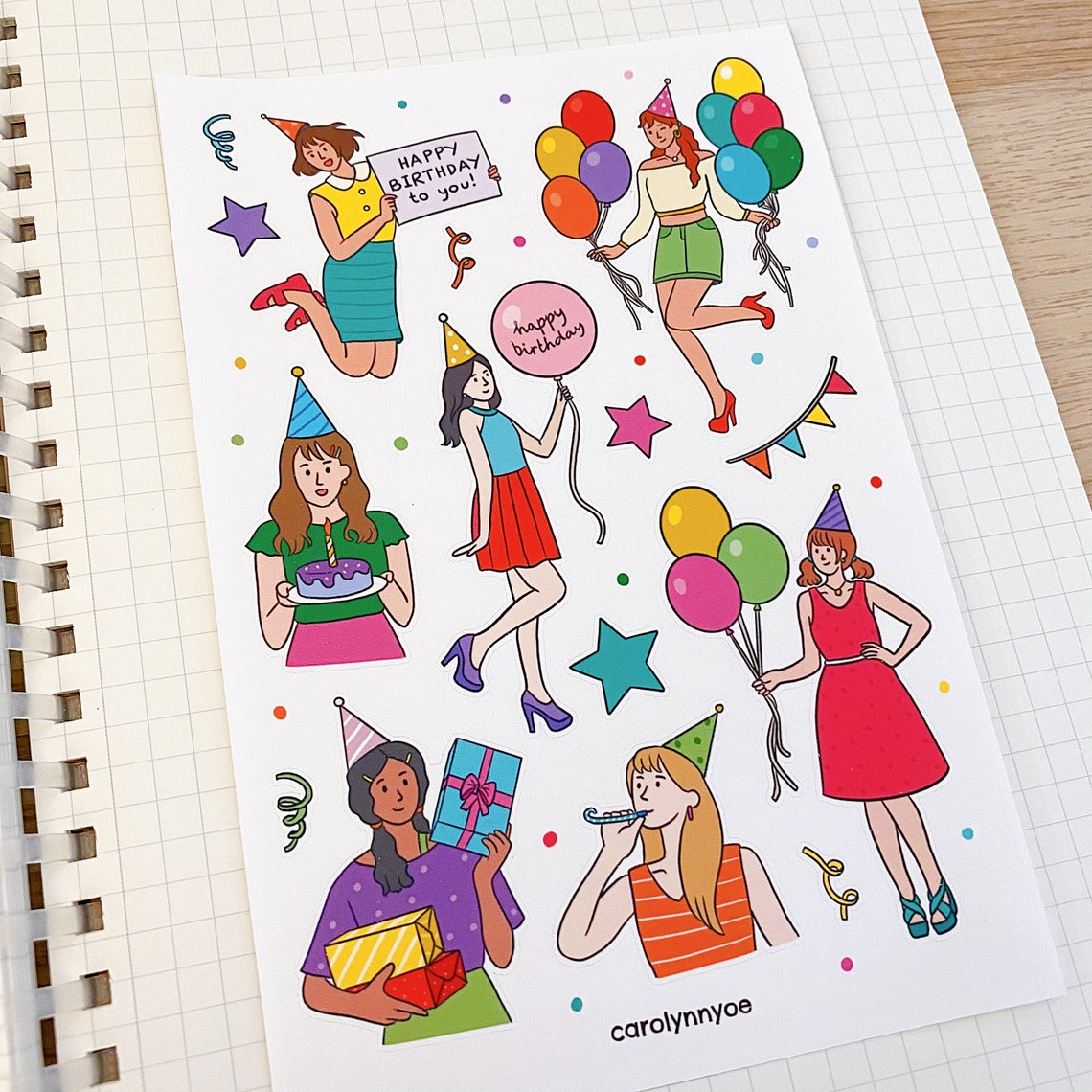BIRTHDAY GIRL Sticker Sheet // Aesthetic Cute Balloon Party Celebration Colourful Girls Stickers ...