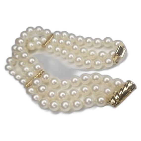1960s Vintage 14K Triple Pearl String Bracelet Fluted… - Gem