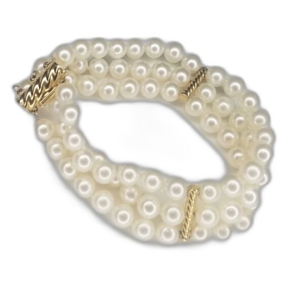 1960s Vintage 14K Triple Pearl String Bracelet Fluted… - Gem