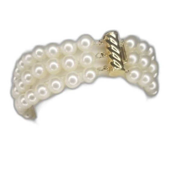 1960s Vintage 14K Triple Pearl String Bracelet Fluted… - Gem