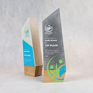 Personalized Concrete and Oak Award, Unique and Modern Corporate Trophy ...