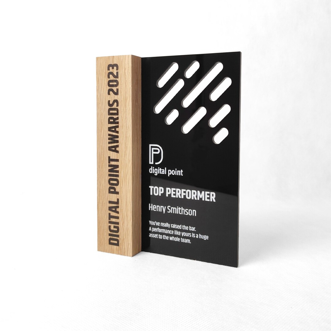 Modern Wooden and Acrylic Trophy, Solid Oak Personalized Prize for ...