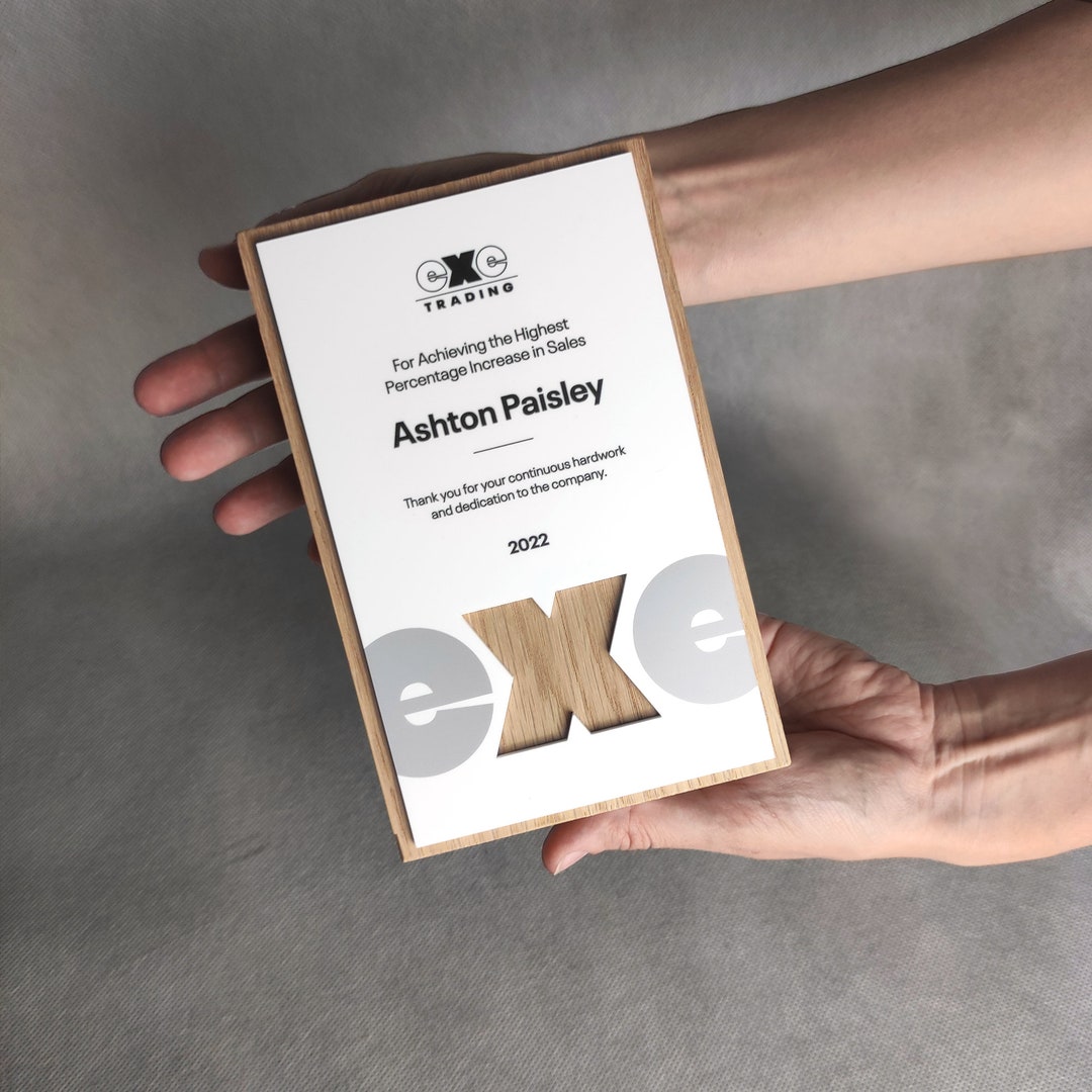 Oak Trophy With White Acrylic Details and UV Print, Personalized Wooden ...