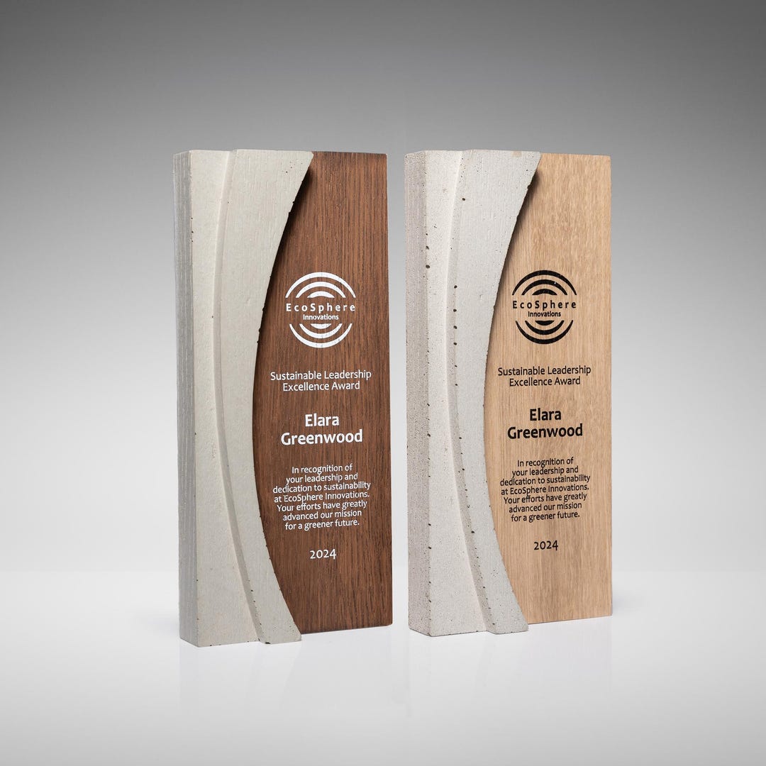 Modern Concrete and Oak Award, Personalized Sustainable Trophy With ...