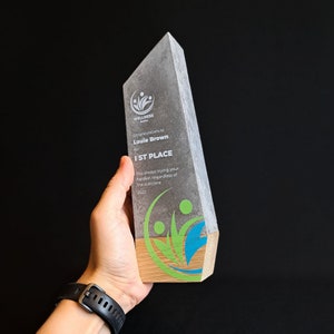 Personalized Concrete and Oak Award, Unique and Modern Corporate Trophy ...