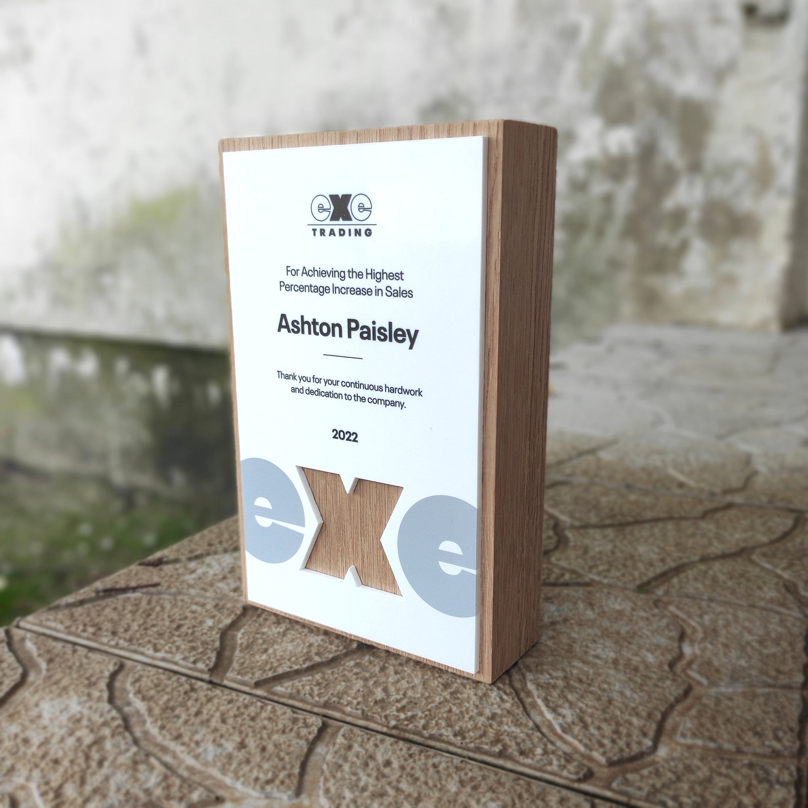 Oak Trophy With White Acrylic Details and UV Print, Personalized Wooden ...