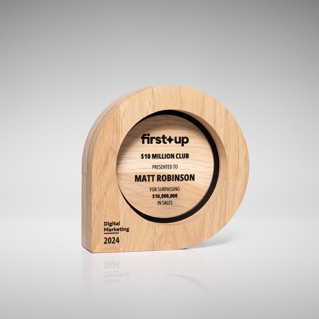 Handcrafted Round Milled Oak Trophy, Personalized Award for Corporate ...