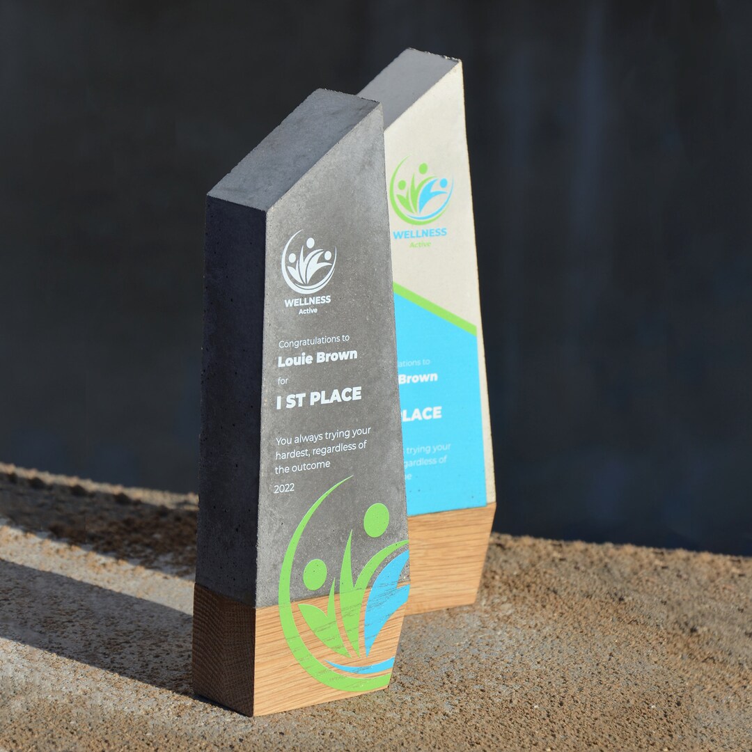 Personalized Concrete and Oak Award, Unique and Modern Corporate Trophy ...