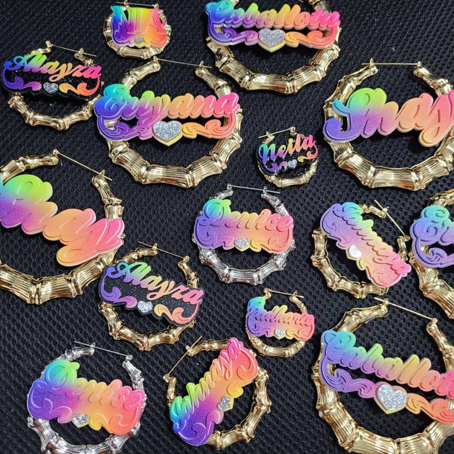 Rainbow Hoop Underline Set Nameplate Earrings Name Plate - Etsy