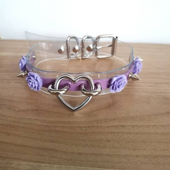 Heart Flowers And Small Spike Choker PVC Choker Heart | Etsy