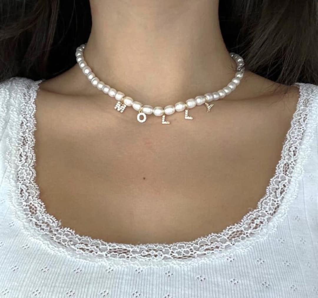 Sparkle Letter Pearl Name Necklace, Pearl Name Necklace, Dangle Letter ...