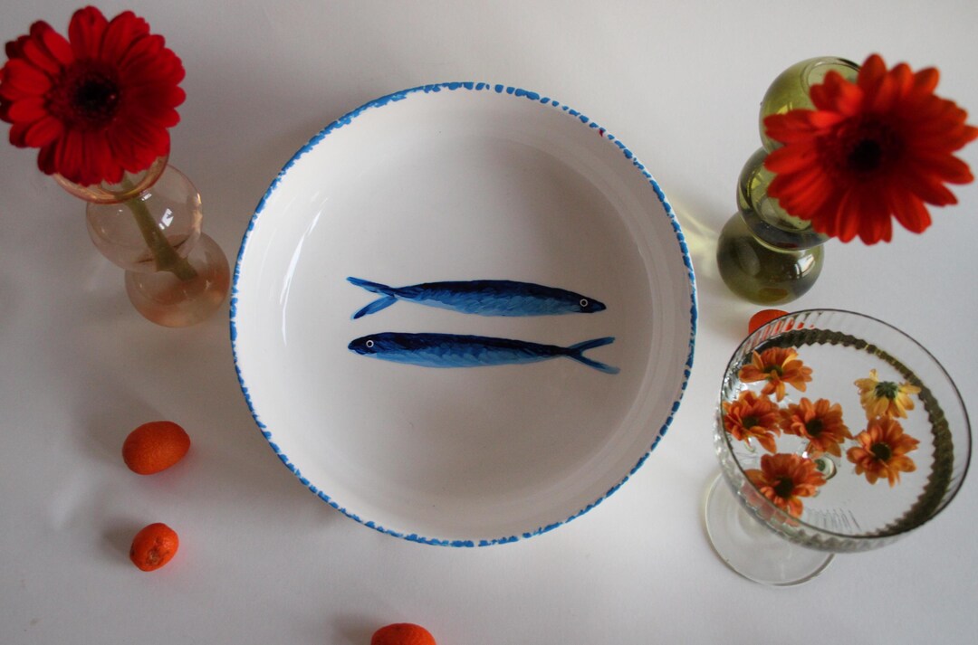 Handpainted Sardine Tableware Unique Porcelain Plate Mediterranean ...