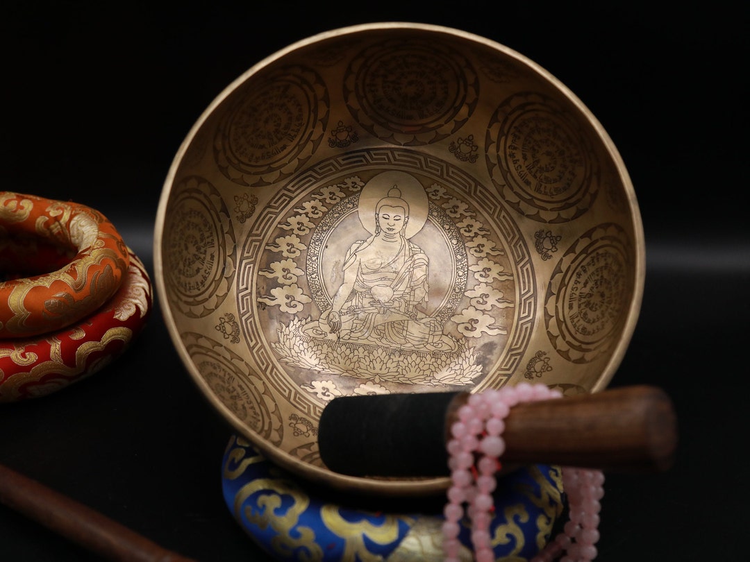 Special 10 Inches Lord Buddha Engraved Mantra Singing Bowl, Tibetan ...