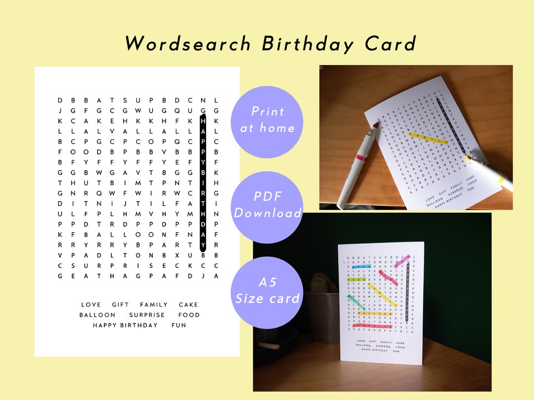 Printable Wordsearch Birthday Card - PDF Download - A5 Card - Etsy