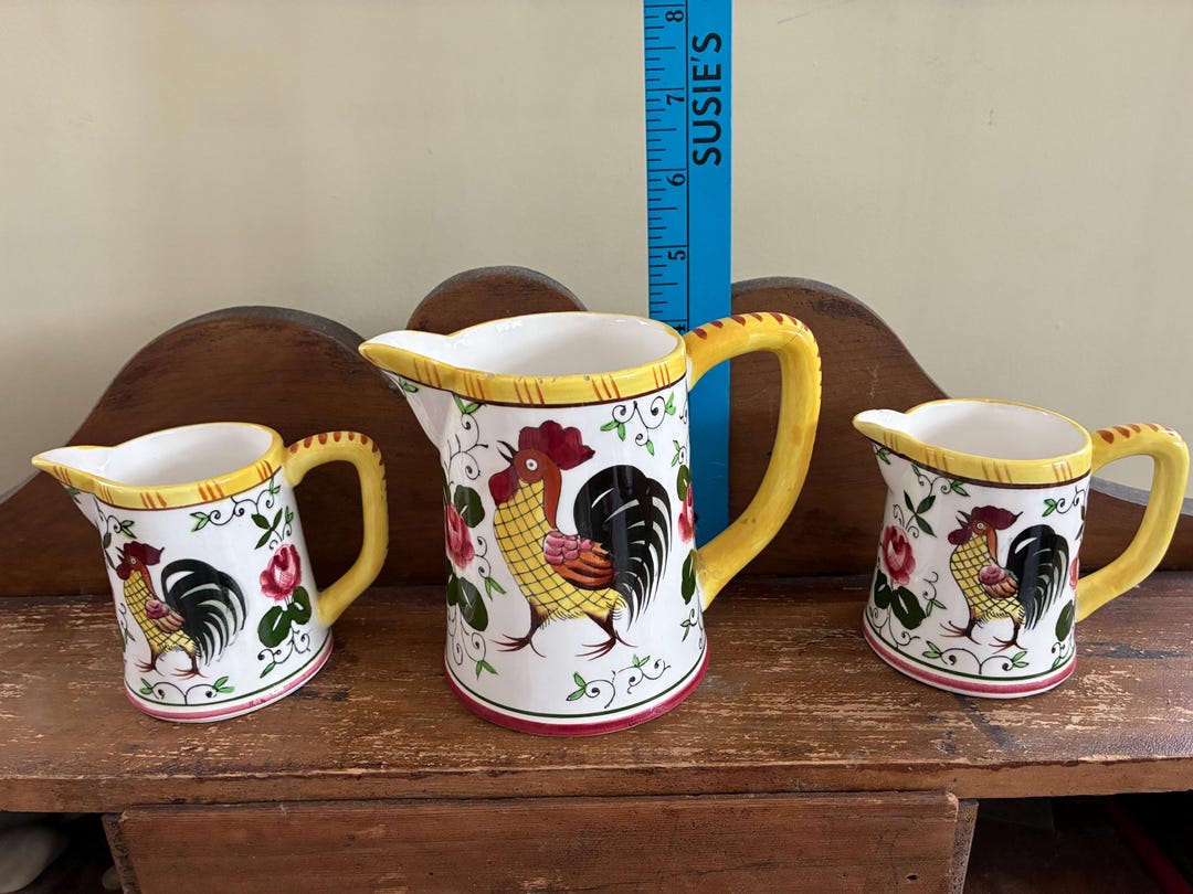 Adorable Trio of 3 Rooster and Roses Unmarked Small Pitchers! Great ...