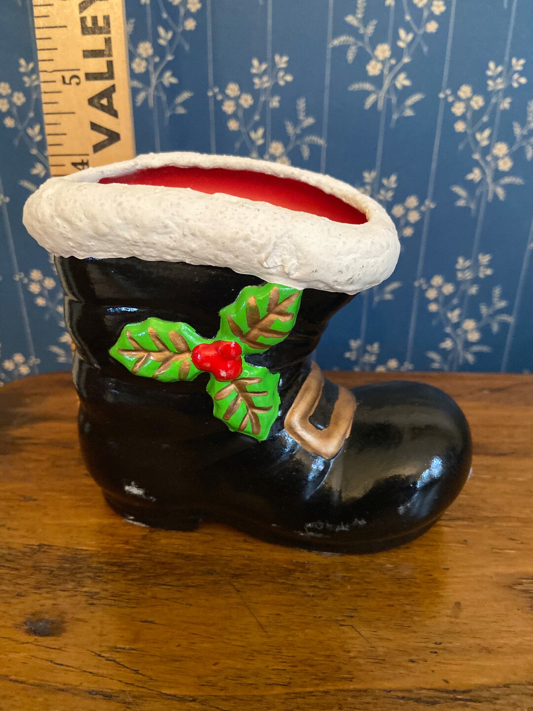 Cute Hobby Made Ceramic Santa’s Black Boot With Sweet Holly Sprig. Boot ...