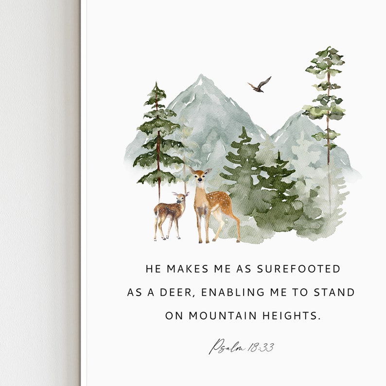 Psalm 18:33 Bible Verse Wall Art Watercolor Scripture Deer - Etsy