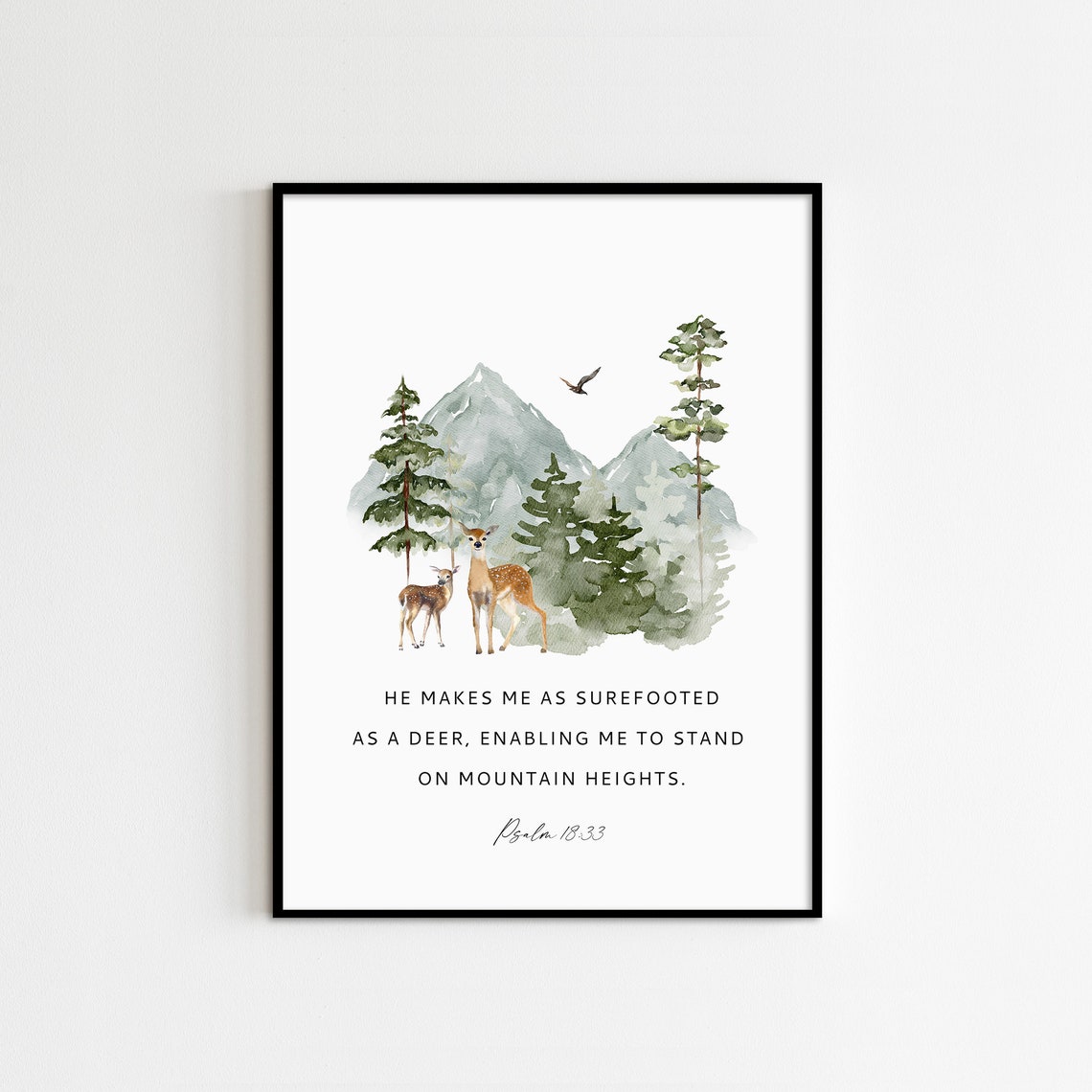 Psalm 18:33 Bible Verse Wall Art Watercolor Scripture Deer - Etsy