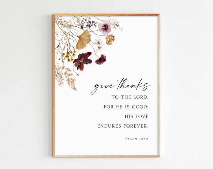 Psalm 107:1 Thanksgiving Bible Verse Wall Art, Botanical Fall Pumpkin ...