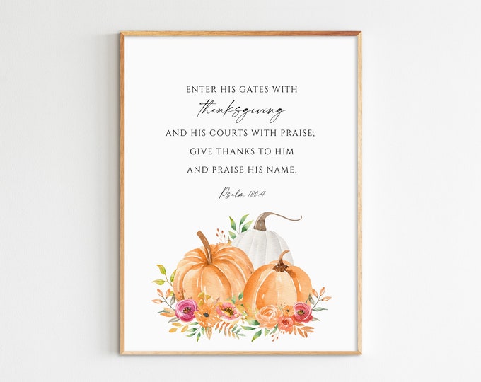 Psalm 107:1 Thanksgiving Bible Verse Wall Art, Botanical Fall Pumpkin ...
