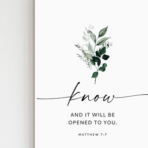 Matthew 7:7 Bible Verse Print, Botanical Scripture Wall Art, Christian ...