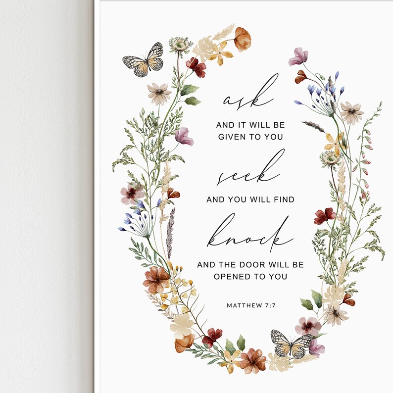 Matthew 7:7 Bible Verse Print, Wildflower Christian Wall Art (digital ...