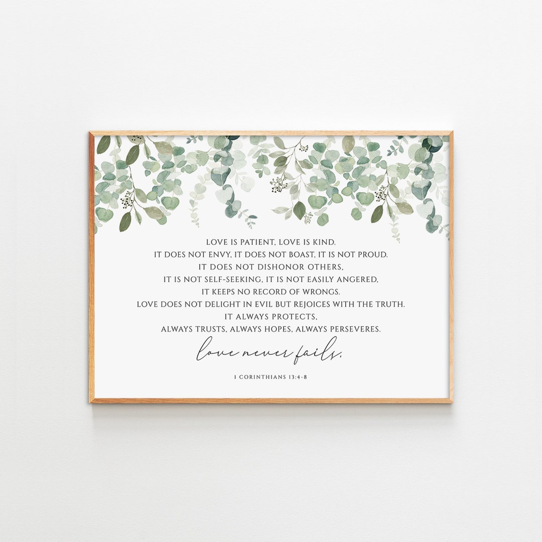 Love Never Fails Print, 1 Corinthians 13:4-8, Wedding Greenery (digital ...