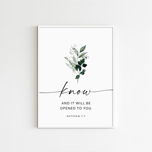 Matthew 7:7 Bible Verse Print, Botanical Scripture Wall Art, Christian ...