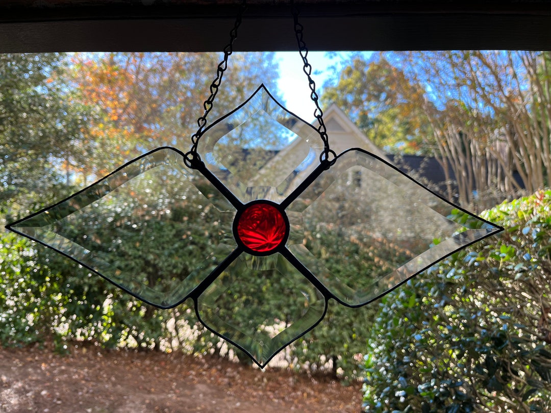 Stained Glass Bevel Suncatcher With Red German Faceted Rose Gem - Etsy